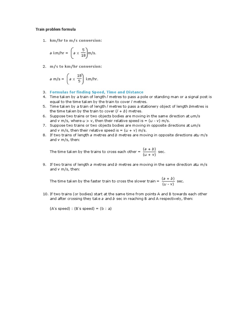 Train Speed and Length Formulas | PDF | Teaching Methods & Materials ...