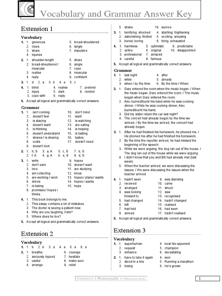 Vocabulary and Grammar Answer Key: Extension 1 | PDF | Linguistics