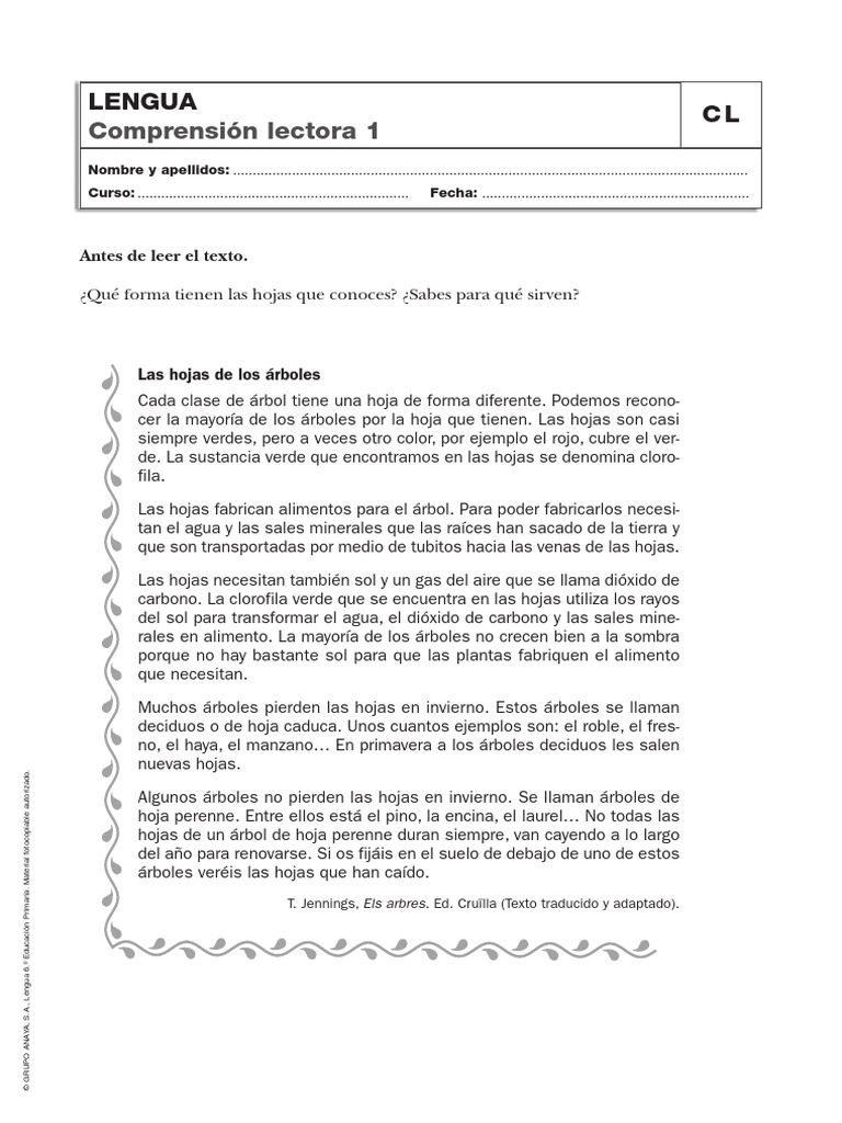 Comprension Lectora Las Hojas de Los Arboles | PDF | Hogar, jardinería ...