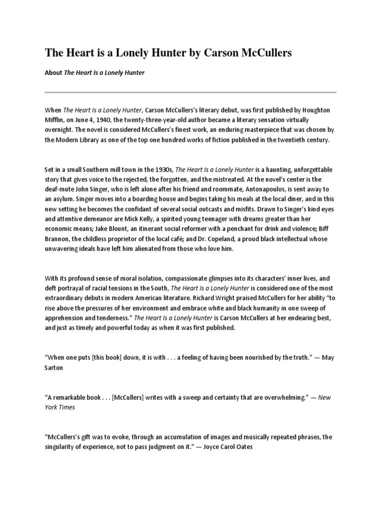 The Heart Is A Lonely Hunter by Carson McCullers - Discussion Questions ...
