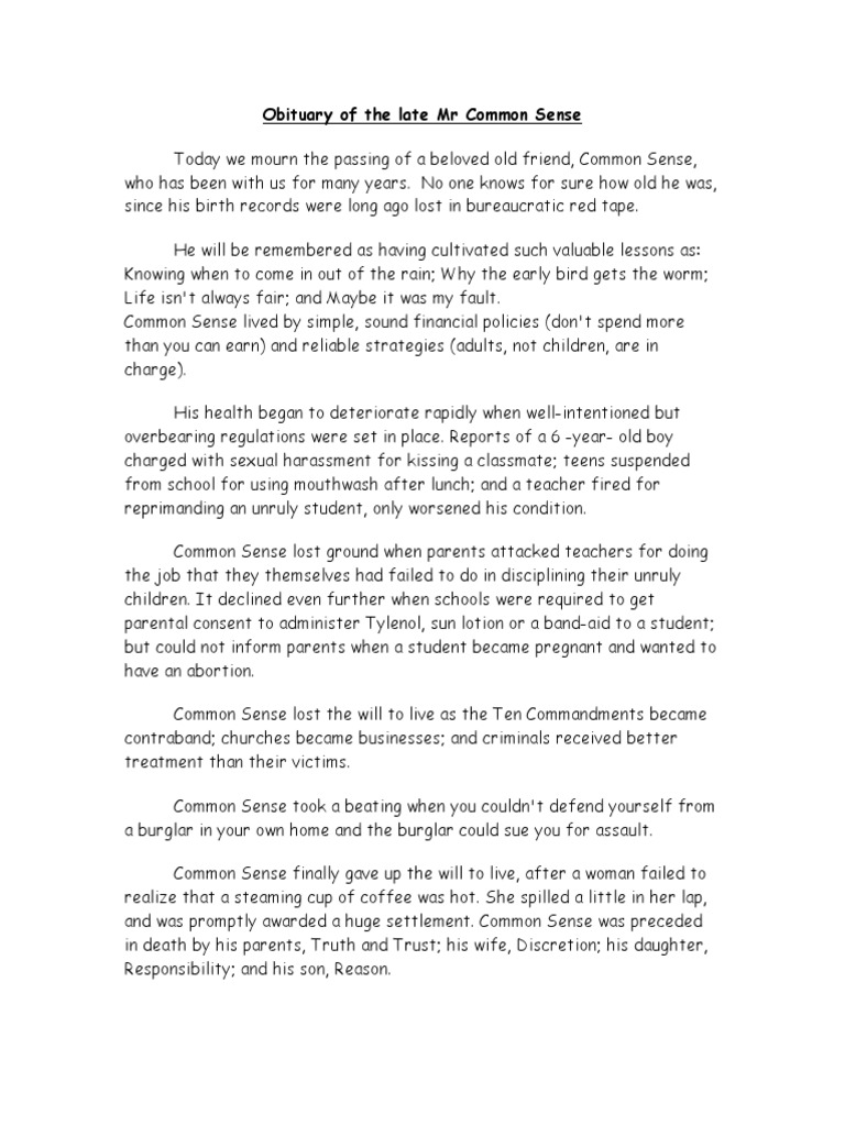 Obituary of The Late MR Common Sense | PDF