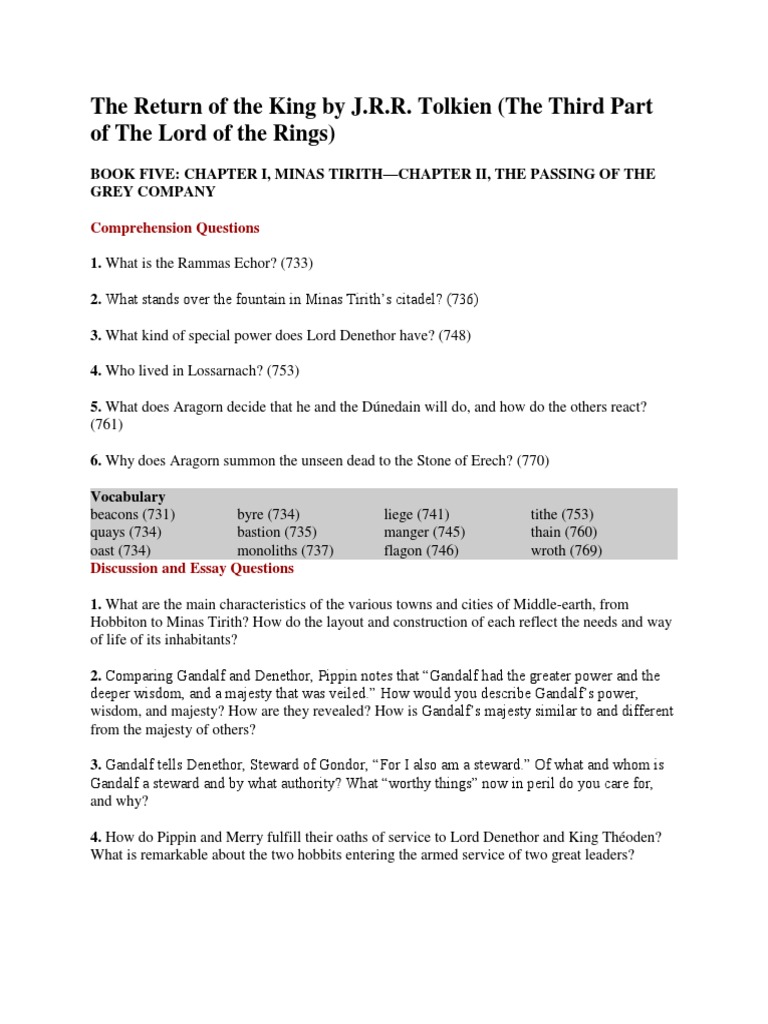The Return of The King by JRR Tolkien - Discussion Questions | PDF ...
