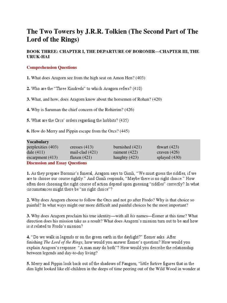 The Two Towers by JRR Tolkien - Discussion Questions | PDF | The Lord ...