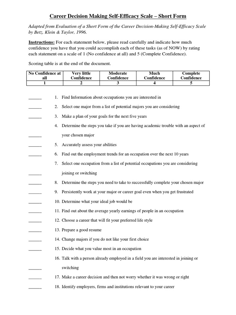 Career Decision-Making Self-Efficacy Scale | PDF | Self Efficacy ...