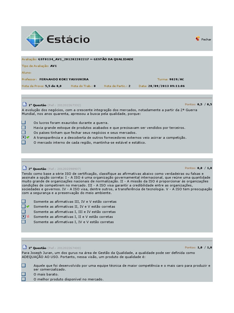 AV1 e AV2 - Gestão Da Qualidade | PDF | Qualidade (negócios) | ISO 9000