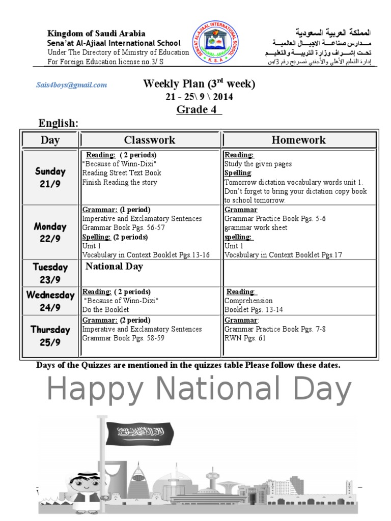Happy National Day: Weekly Plan (3 Week) Grade 4 English: Day Classwork Homework | PDF