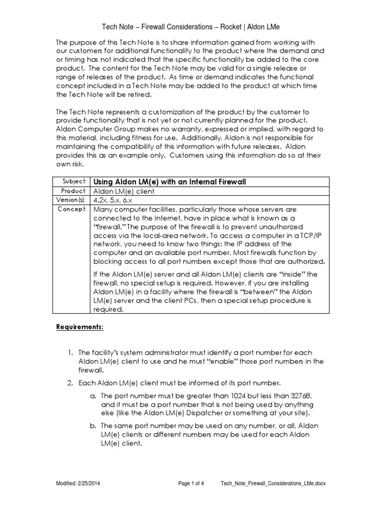 Tech Note Firewall Considerations LMe | PDF | Port (Computer Networking) | Ip Address