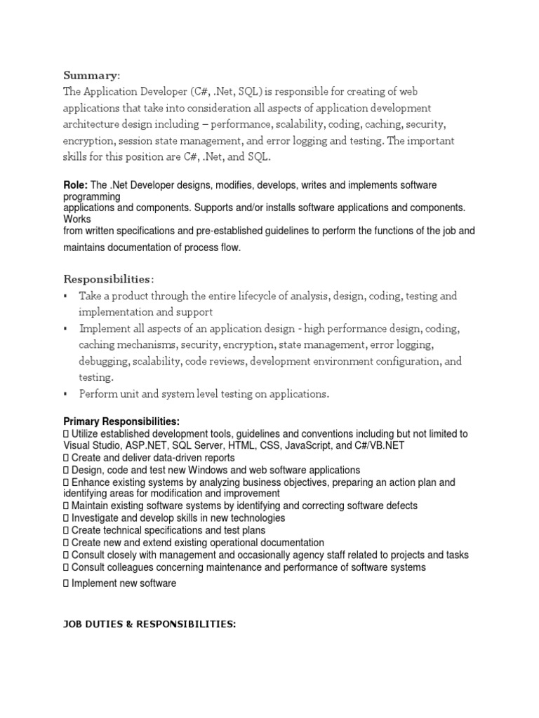Summary:: Job Duties & Responsibilities | PDF | Microsoft Visual Studio ...