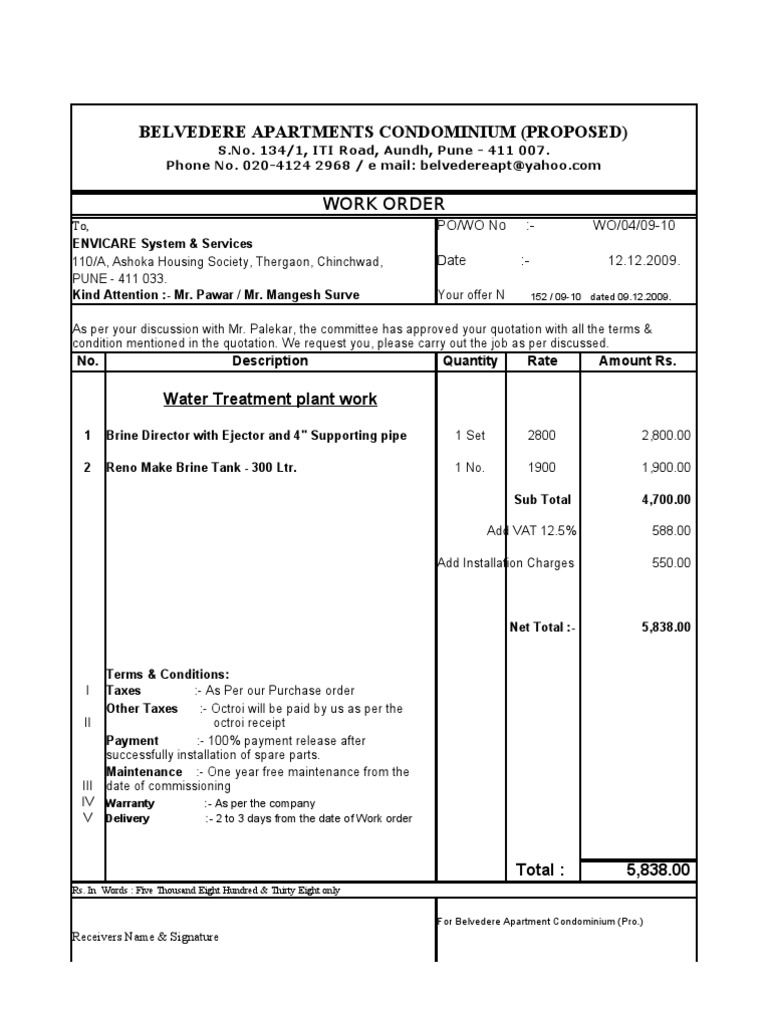 Belvedere Apartments Water Treatment Work Order | PDF | Government ...
