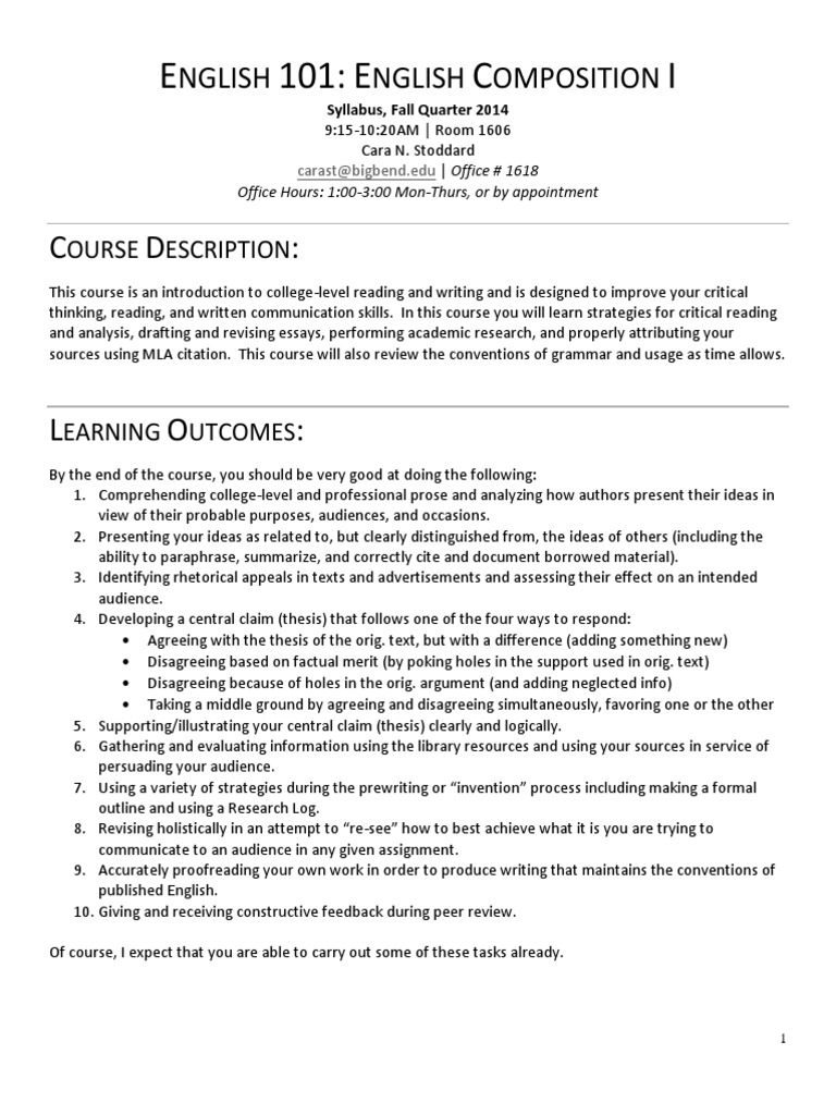 English 101 Syllabus | PDF