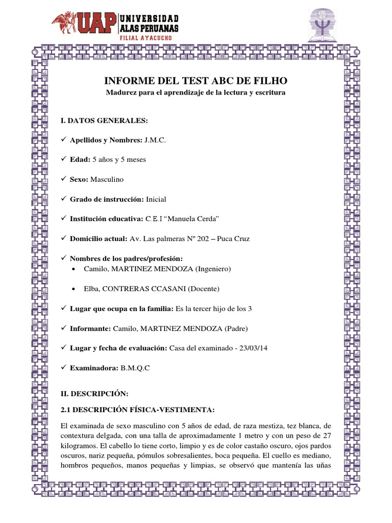 Informe Del Test ABC | Descargar gratis PDF | Memoria | Lectura (proceso)