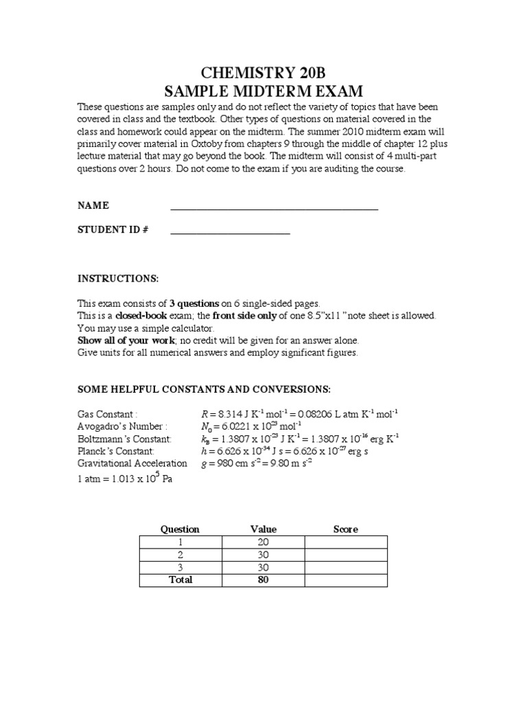 Sample Midterm Chem 20B 2010 UCLA | PDF | Sodium Chloride | Solution