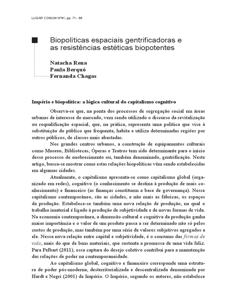 Biopolíticas Espaciais Gentrificadoras e As Resistências Estéticas ...