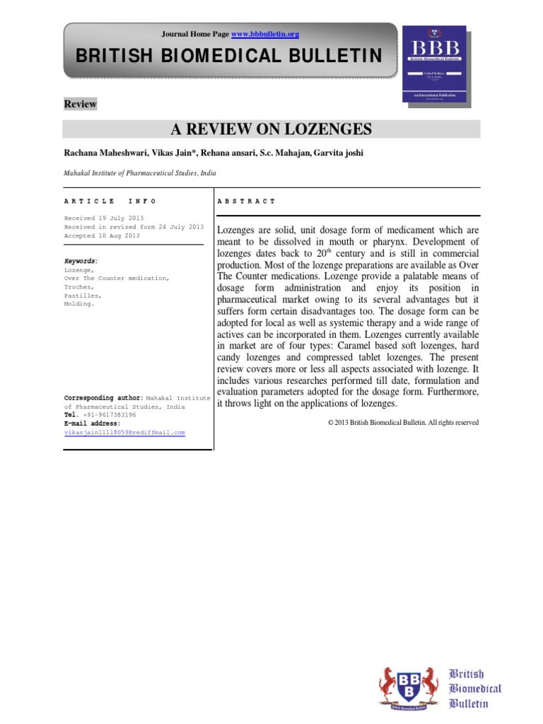 A Review On Lozenges | PDF | Tablet (Pharmacy) | Chemistry