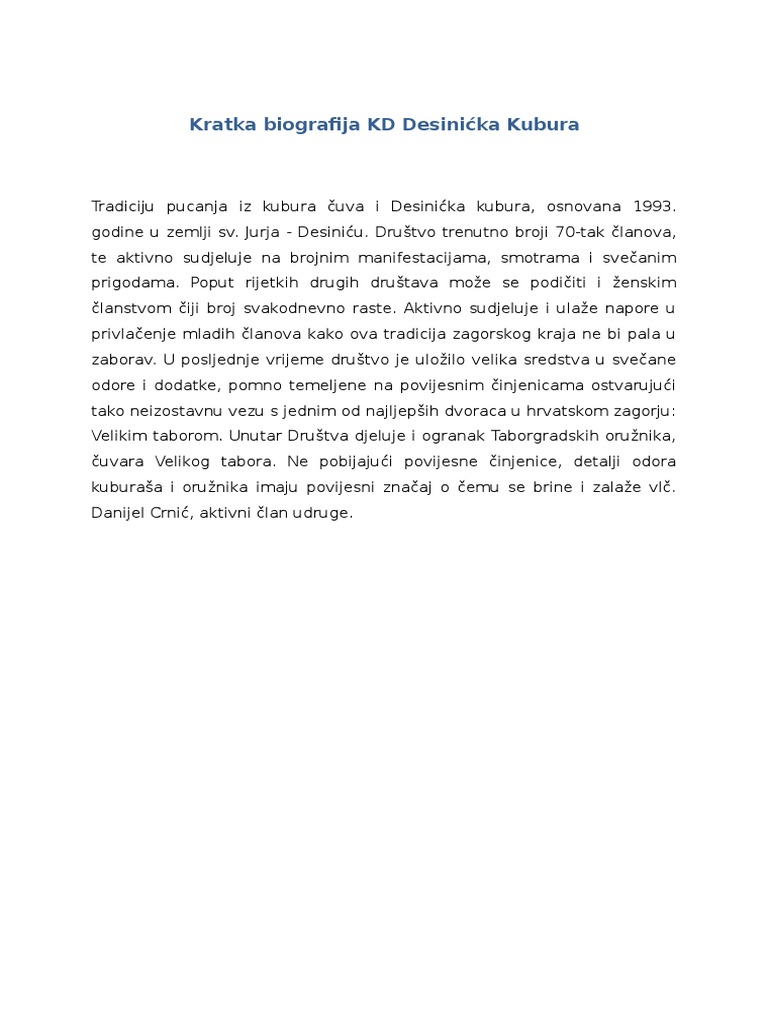 Kratka Biografija KD Desinićka Kubura | PDF
