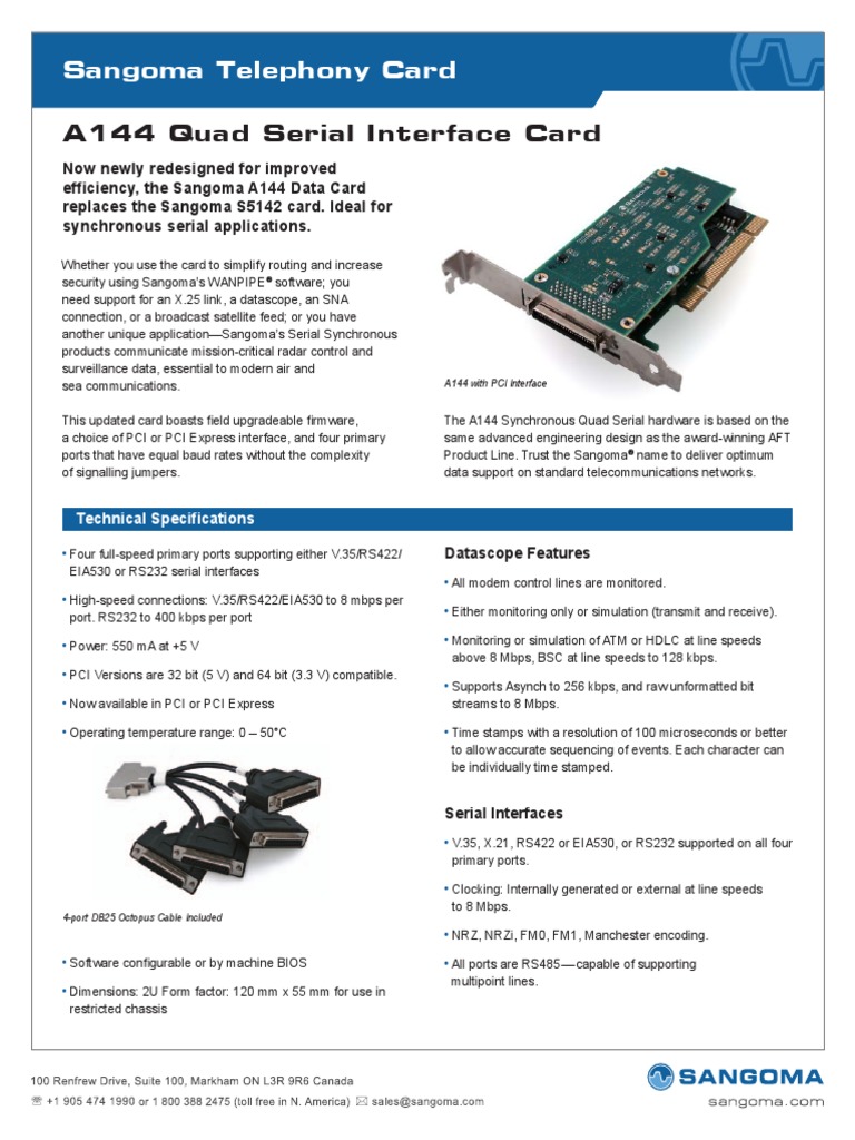 Sangoma A144 Series Synchronous Quad Serial Card Datasheet | PDF ...