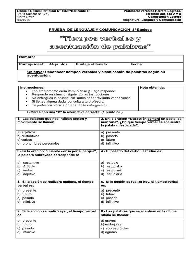Prueba de Gramática 3° Basicos | PDF | Verbo | Palabra