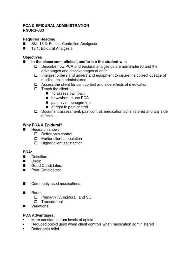 PCA and Epidural Presentation Outline 2014 | PDF | Opioid | Medical ...