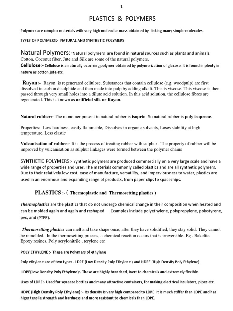 Polymers & Plastics Notes | PDF | Plastic | Polyethylene