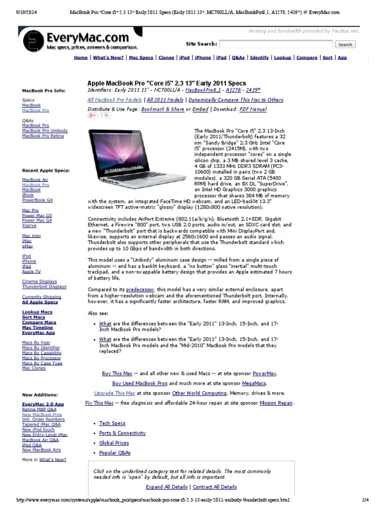 Early 2011 Macbook Pro Specs | PDF | Macintosh | Airport