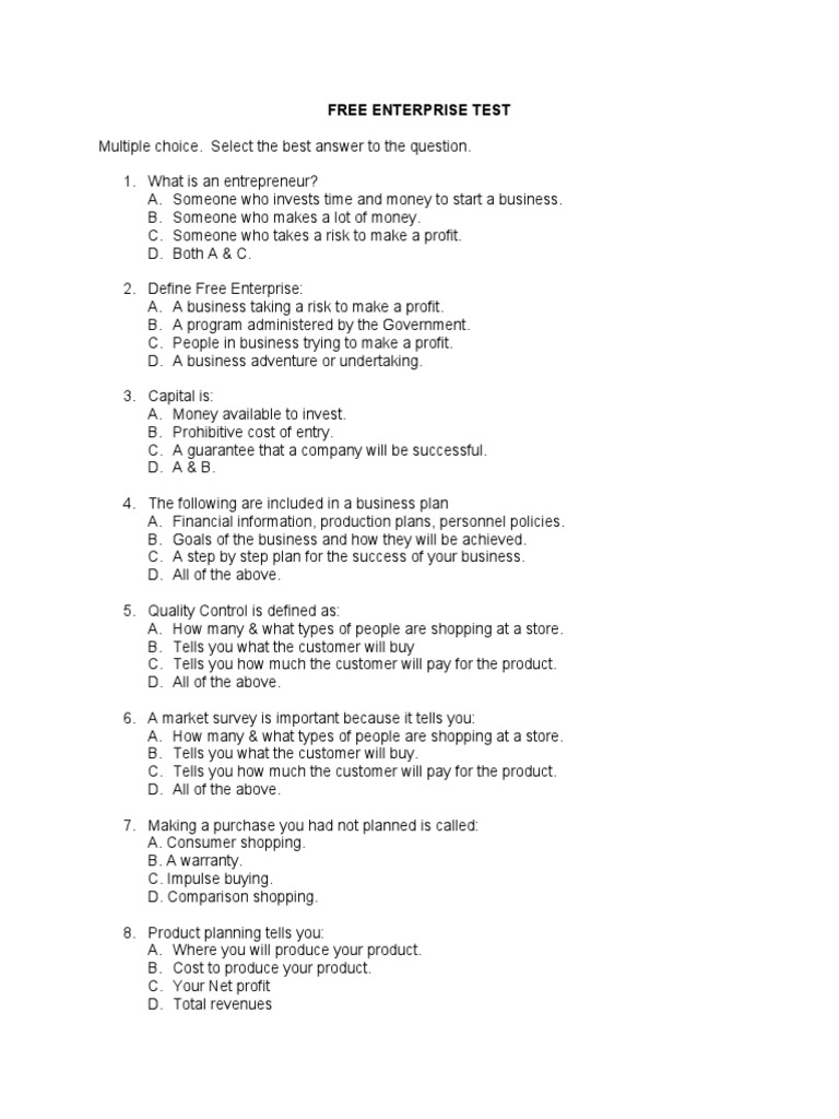 Free Enterprise Test Overview | PDF