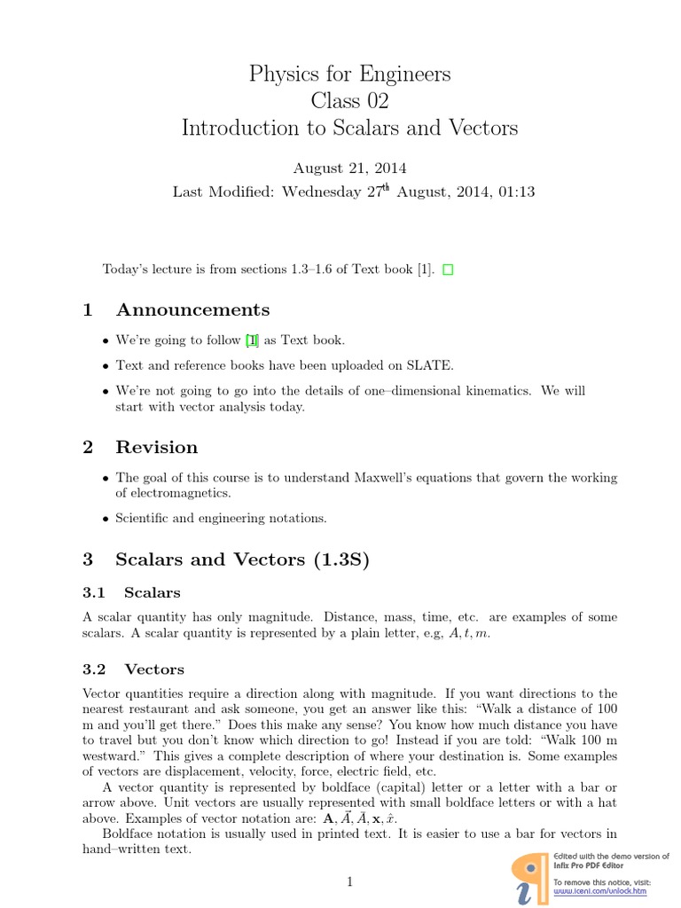 Physics 02 Introduction To Scalars And Vectors 27 08 2014 Pdf