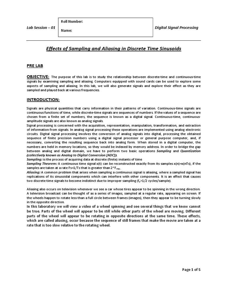 Lab 1 Effects of Sampling and Aliasing in Discrete Time Sinusoids | PDF | Signal (Electrical ...
