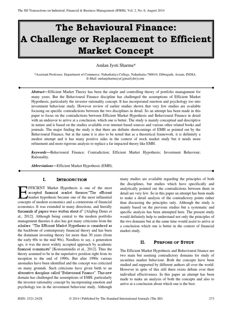 The Behavioural Finance A Challenge Or Replacement To Efficient Market