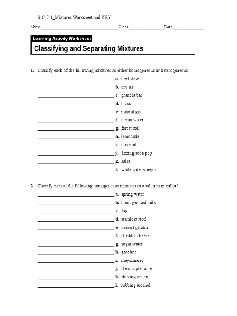 Classifying and Separating Common Mixtures: A Worksheet on Homogeneous ...