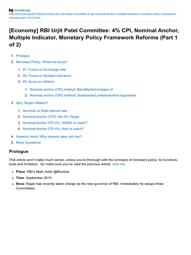 Economy RBI Urjit Patel Committee 4 CPI Nominal Anchor Multiple ...