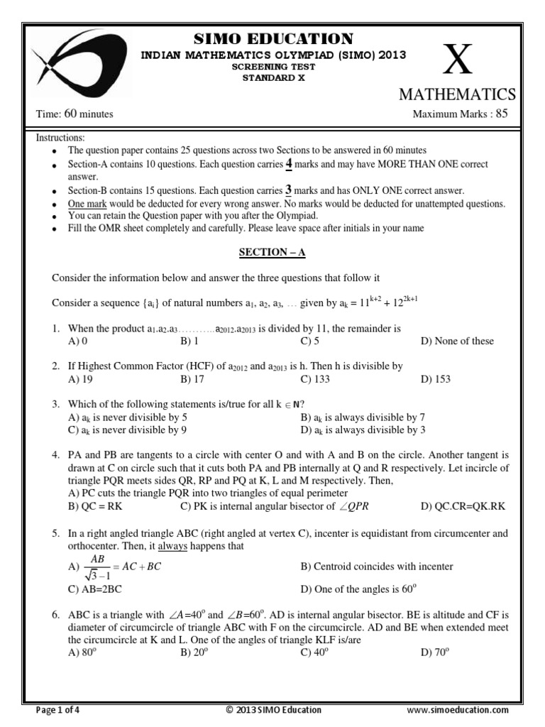 Simo 10 Class 2013 Question Paper | PDF | Triangle | Elementary Mathematics