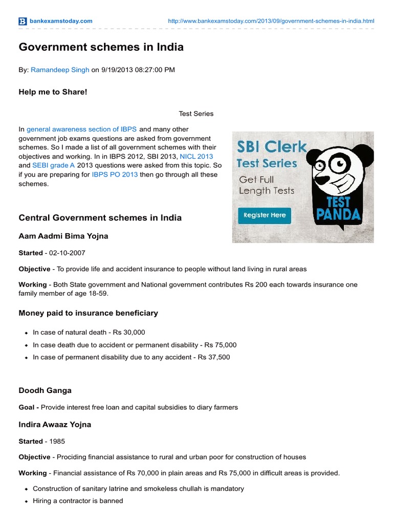 IBPS Government Schemes in India | PDF | Economy Of India | Government ...