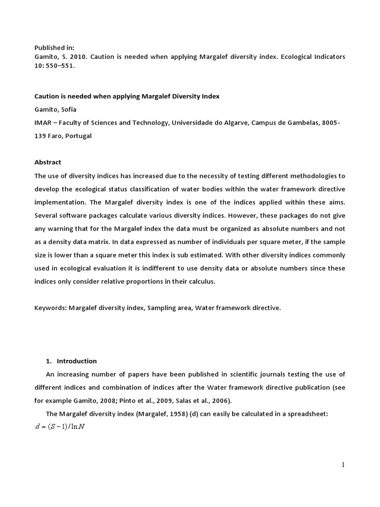 Margalef Index | PDF | Matrix (Mathematics) | Sampling (Statistics)