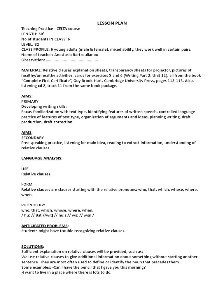 Lesson Plan Package For B2 Level - For CELTA Course Teachers | PDF ...