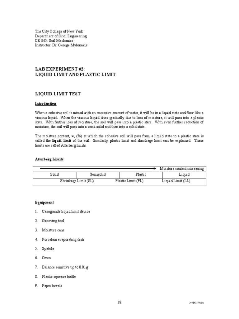 Lab Experiment #2: Liquid Limit and Plastic Limit | PDF | Tests | Soil ...