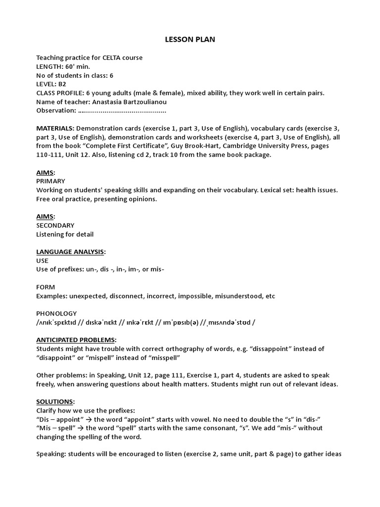 Lesson Plan Package - B2 - For CELTA Course Teachers | PDF ...