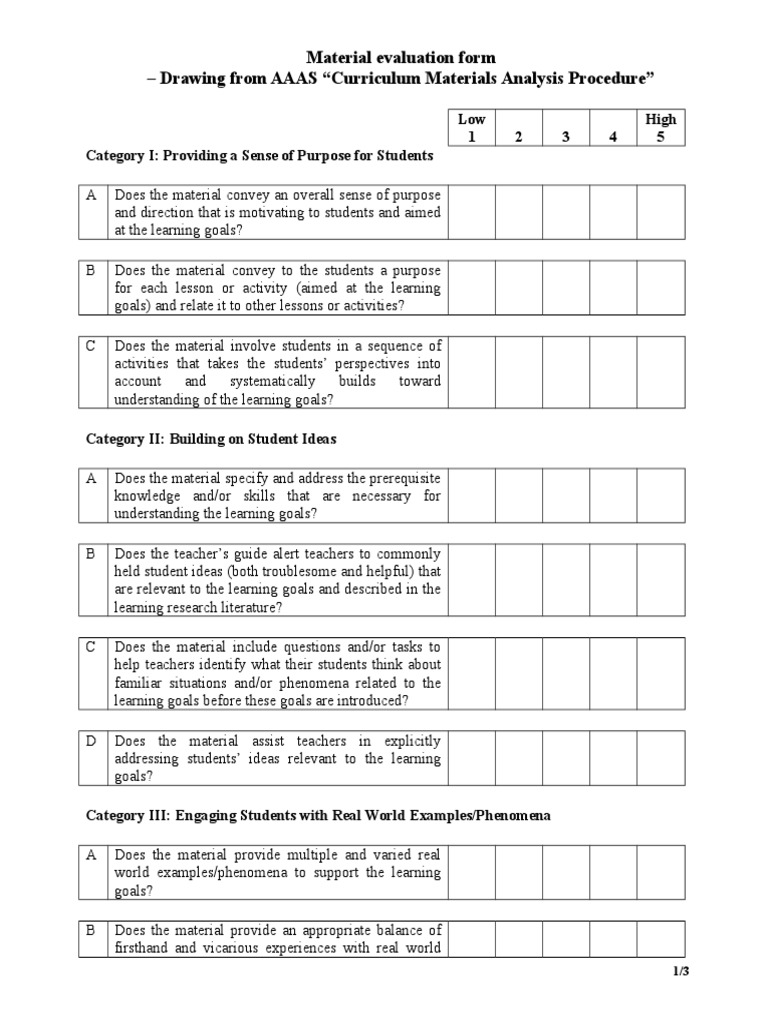 Material Evaluation Form - Drawing From AAAS "Curriculum Materials Analysis Procedure" | PDF ...