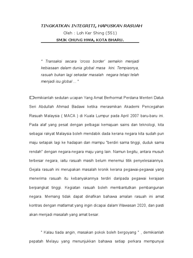 Tingkatkan Integriti Hapuskan Rasuah | PDF