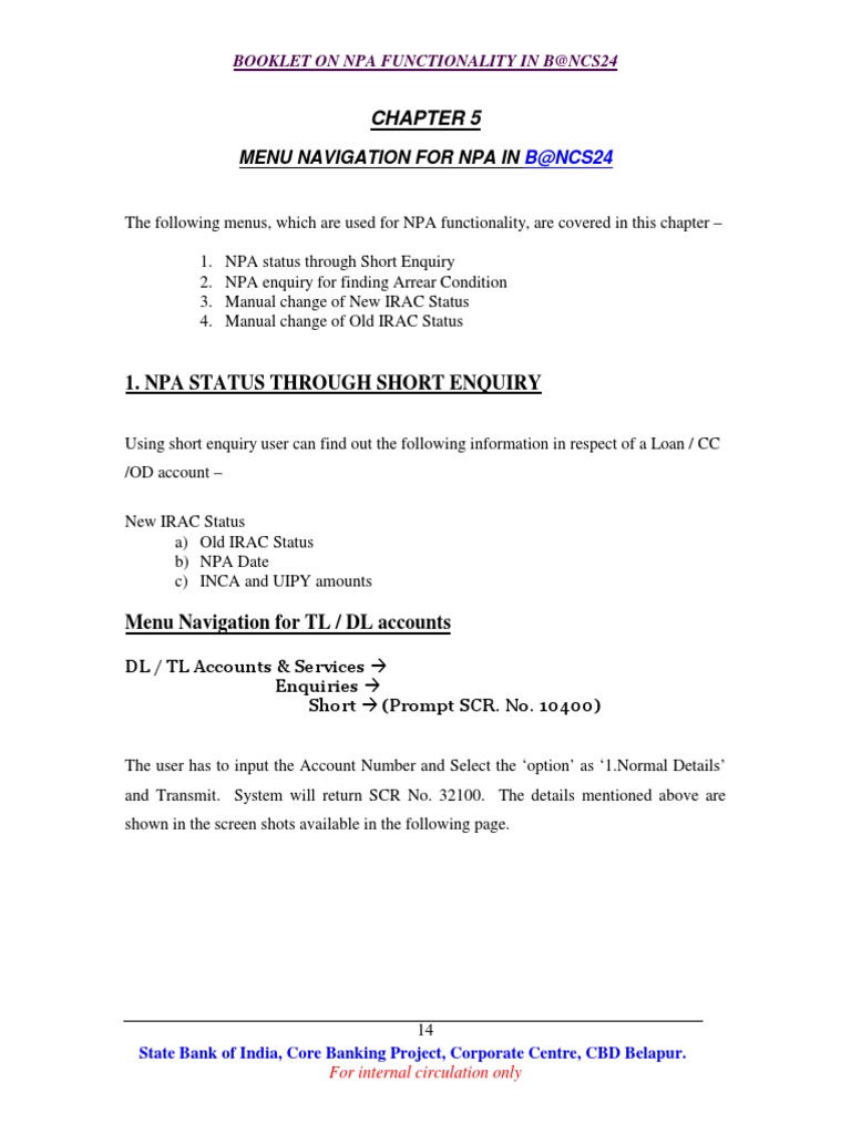 Npa Status Through Short Enquiry: Menu Navigation For Npa in | PDF ...