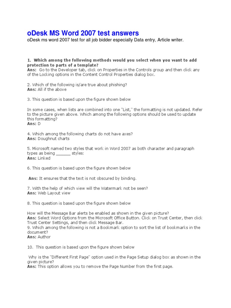oDesk MS Word 2007 Test Answers | PDF | Microsoft Word | Text File