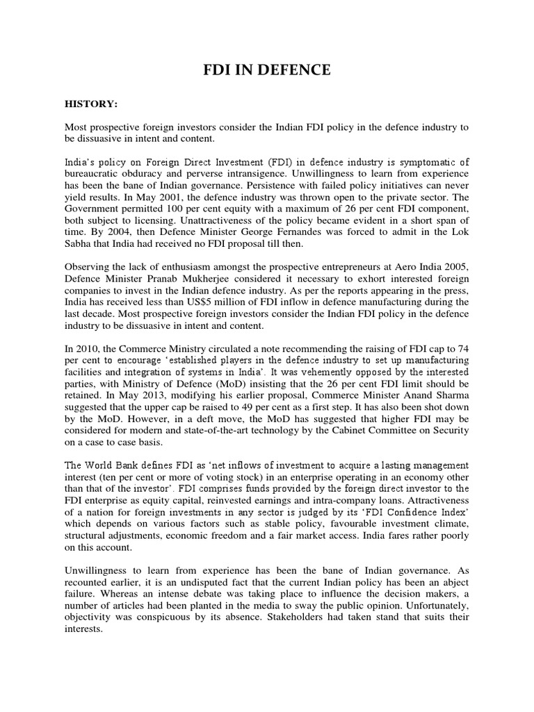 Fdi in Defence | PDF | Foreign Direct Investment | National Security