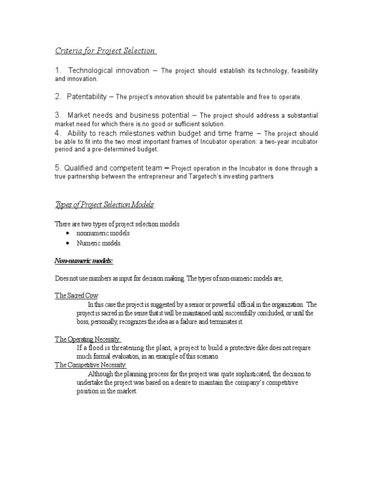 Criteria For Project Selection: Non-Numeric Models | PDF | Business ...