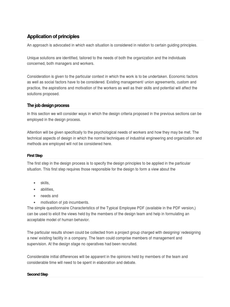 Application of Principles: The Job Design Process | PDF | Motivation ...