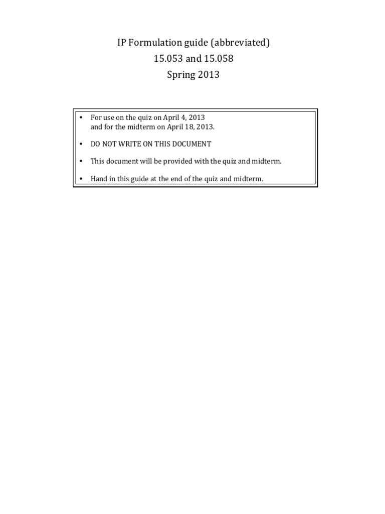 IP Formulation Guide (Abbreviated) 15.053 and 15.058 Spring 2013 | PDF | Function (Mathematics ...
