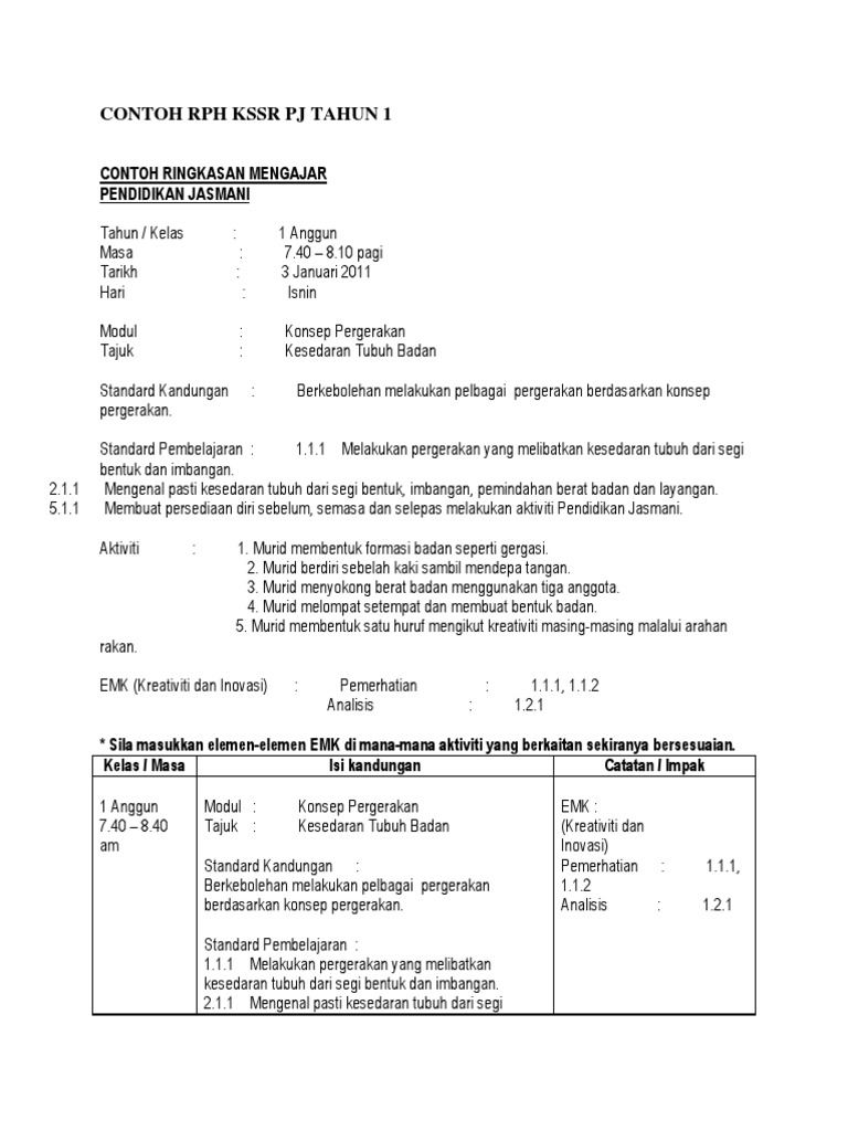 Contoh RPH KSSR PJ Tahun 1 | PDF