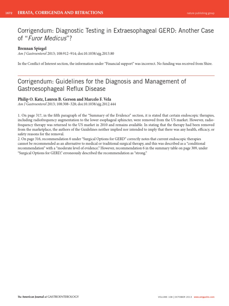ACG Guideline GERD March 2013 Plus Corrigendum | PDF | Gastroesophageal ...
