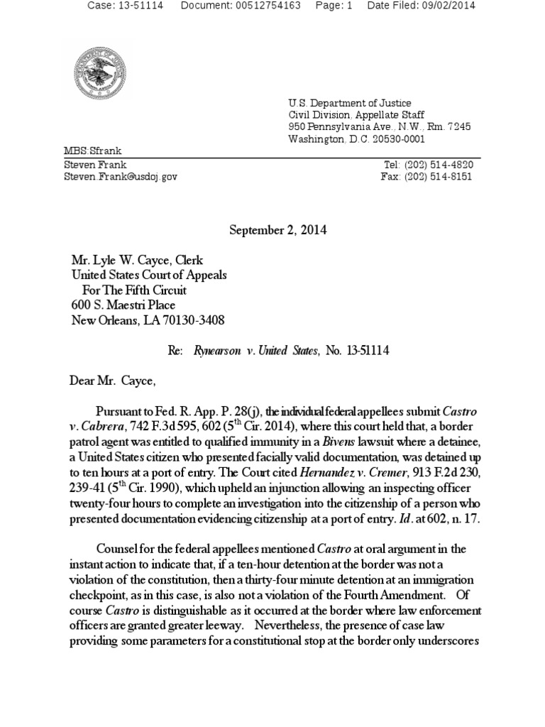 28J Letter in Rynearson V United States of America, Et Al | PDF ...