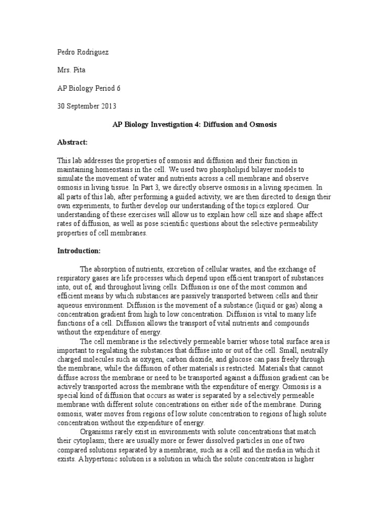 AP Bio: Diffusion & Osmosis Lab | PDF | Diffusion | Unit Operations