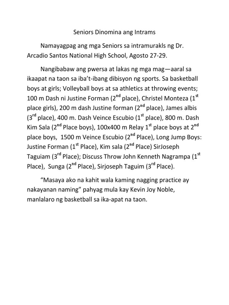 Seniors Dinomina Ang Intrams | PDF