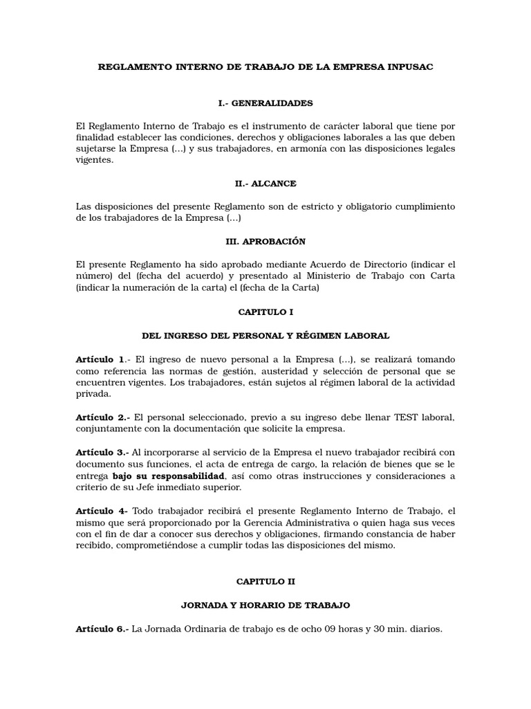 Reglamento Interno de Trabajo de La Empresa | Derecho laboral | Regulación